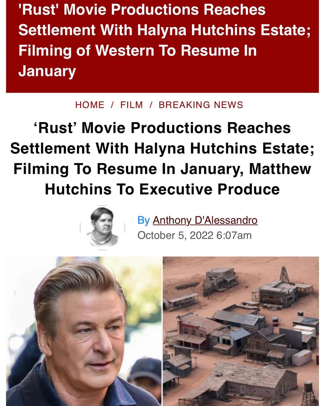 Alec Baldwin rinde tributo a Halyna Hutchins a un año de su muerte